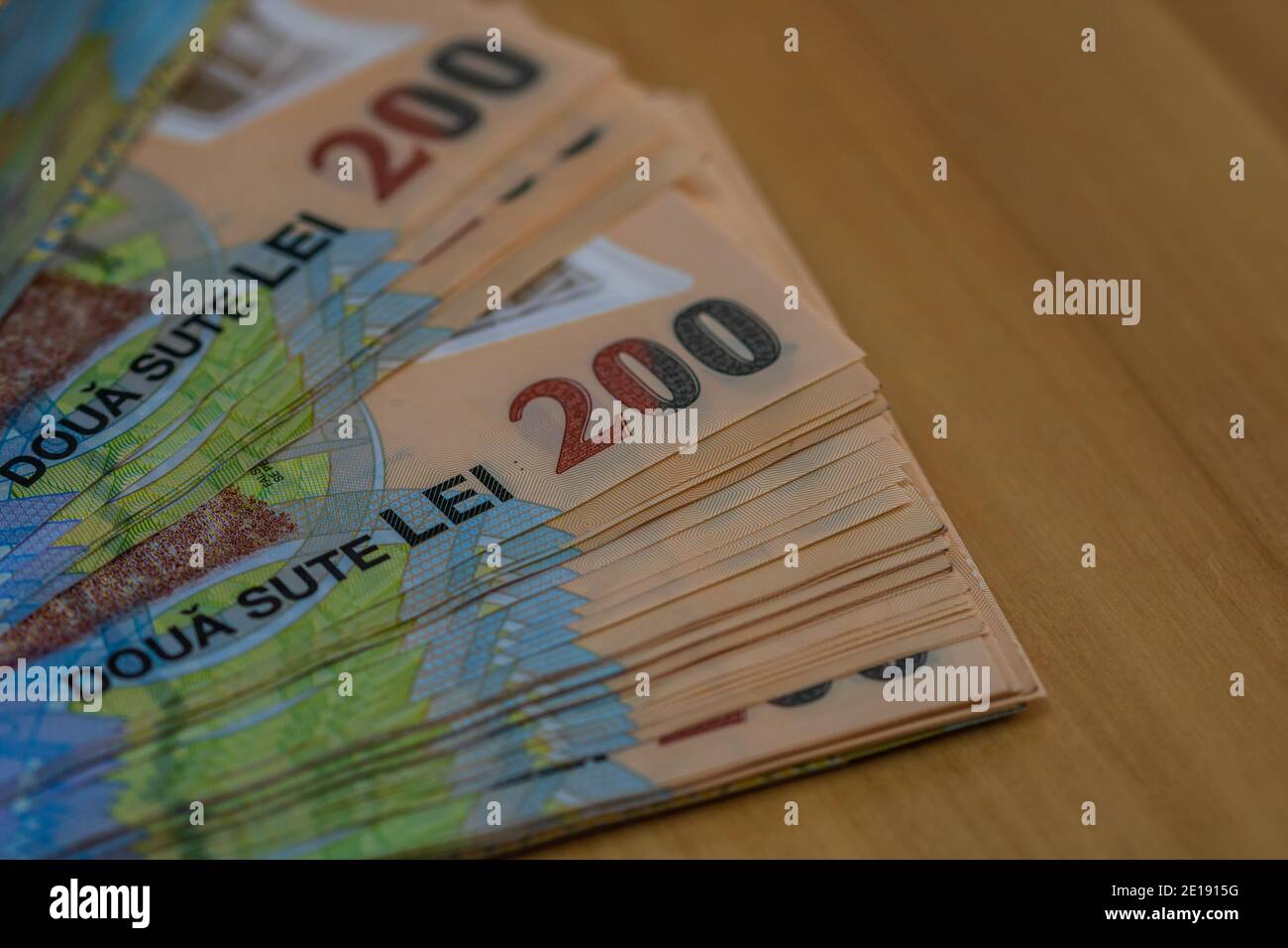 Selective focus on stack of LEI romanian money. Lei banknotes isolated ...