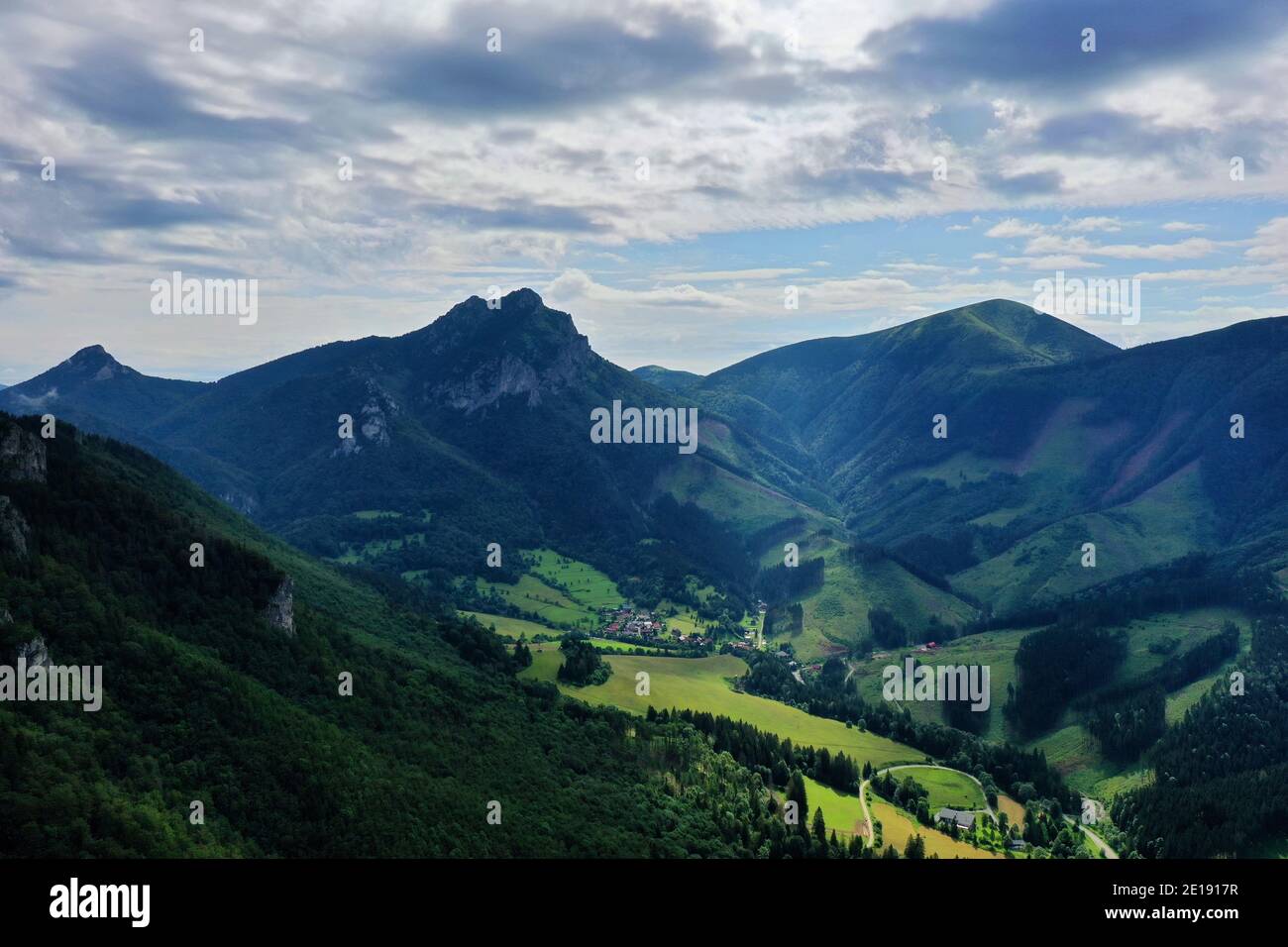 Aerial view of the Mala Fatra mountains in the village of Terchova in ...