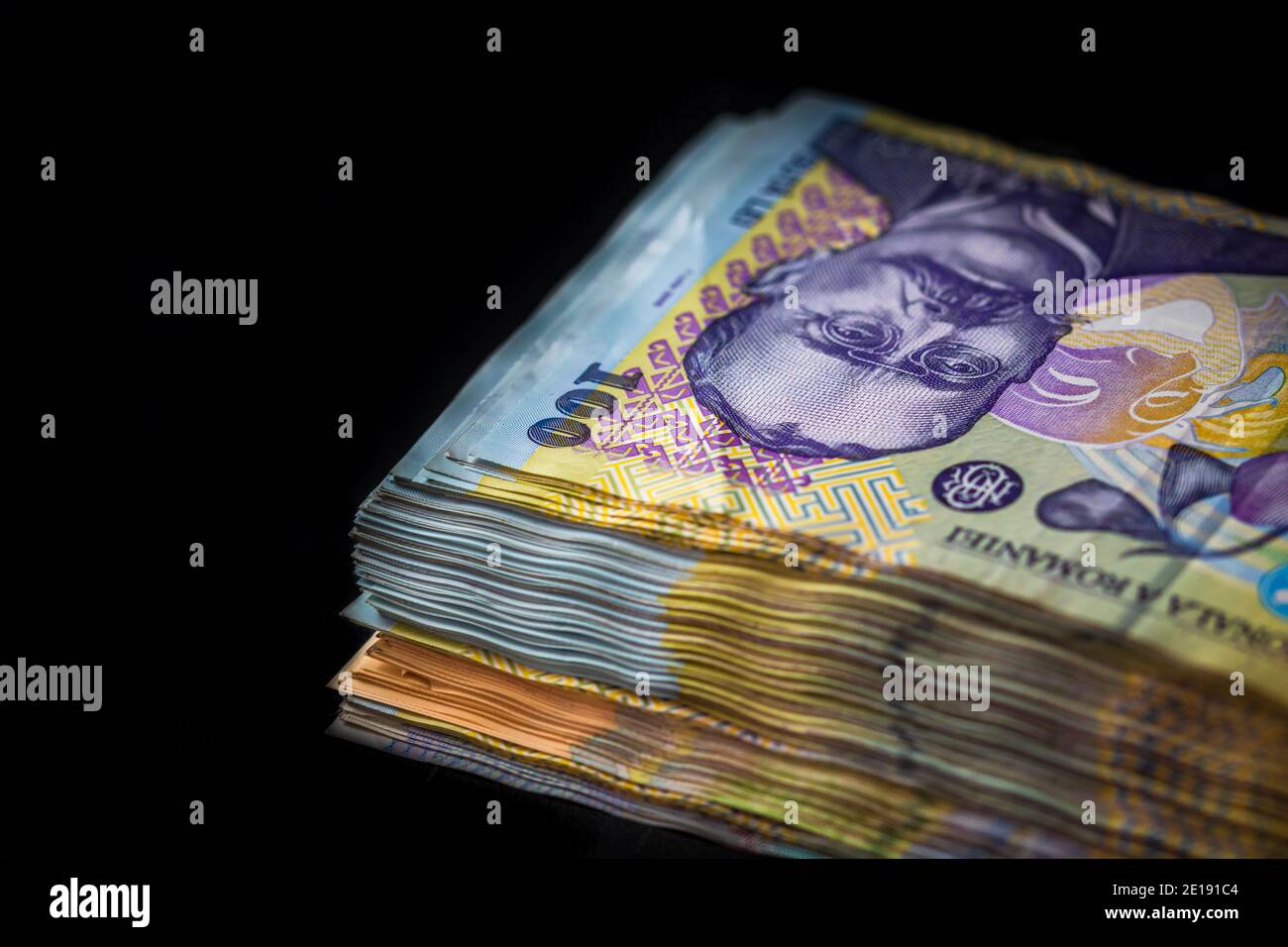 Selective focus on stack of LEI romanian money. Lei banknotes isolated ...