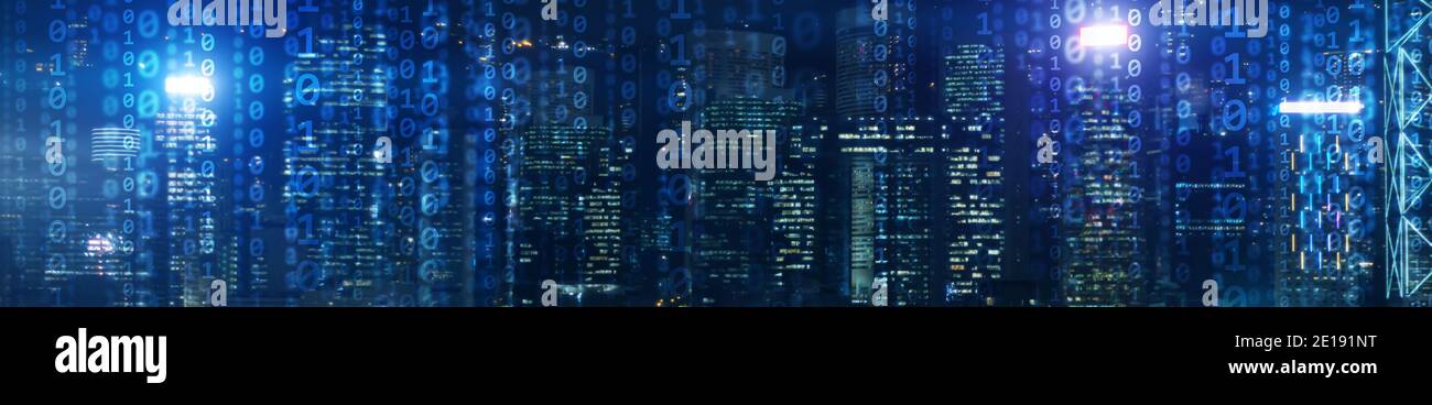 Binary computer code virtual city skyline. Matrix Mixed Media ...