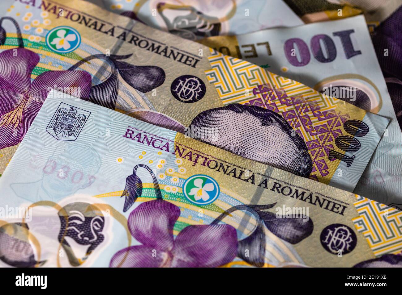 Selective focus on stack of LEI romanian money. Lei banknotes isolated ...