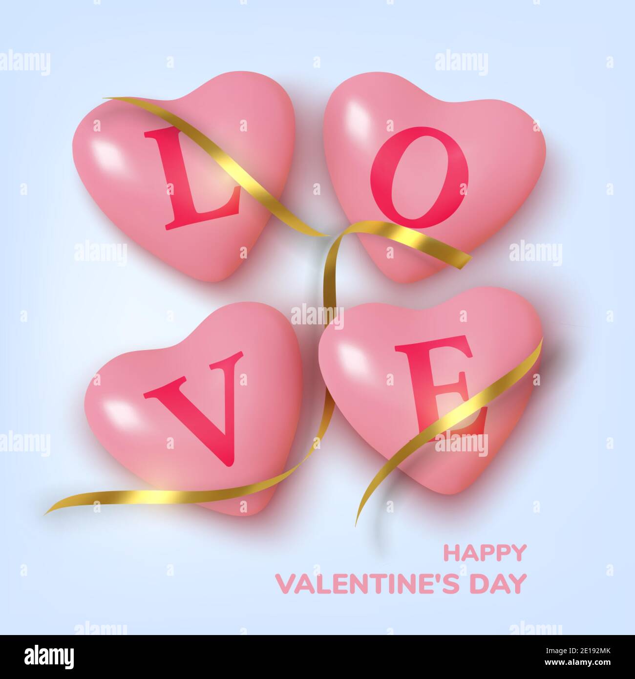 Valentines Day greeting card. Realistic 3d pink hearts in tinsel and ...