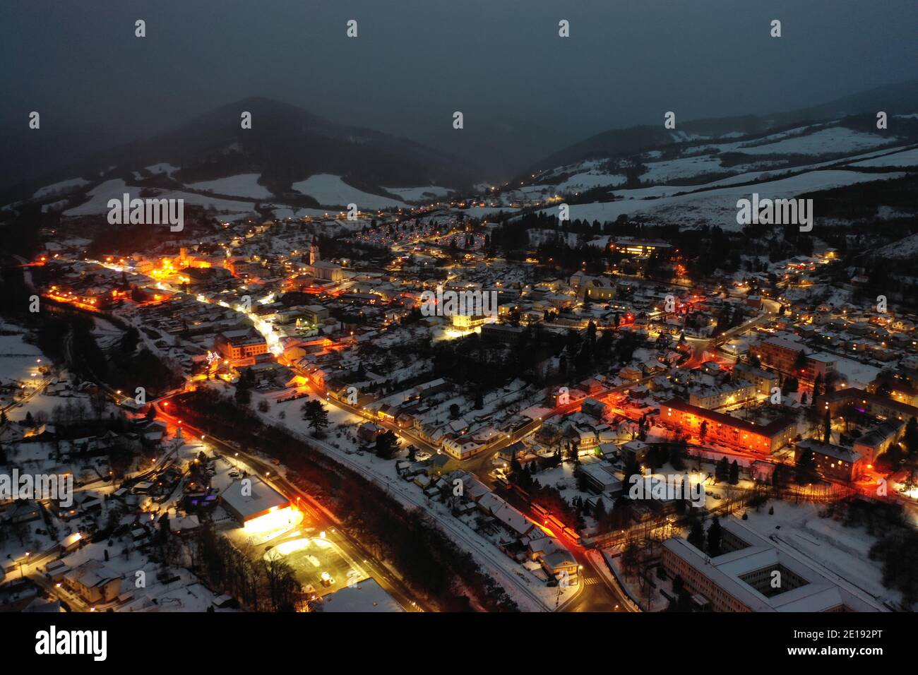 Aerial night view of the town of Gelnica in Slovakia Stock Photo - Alamy