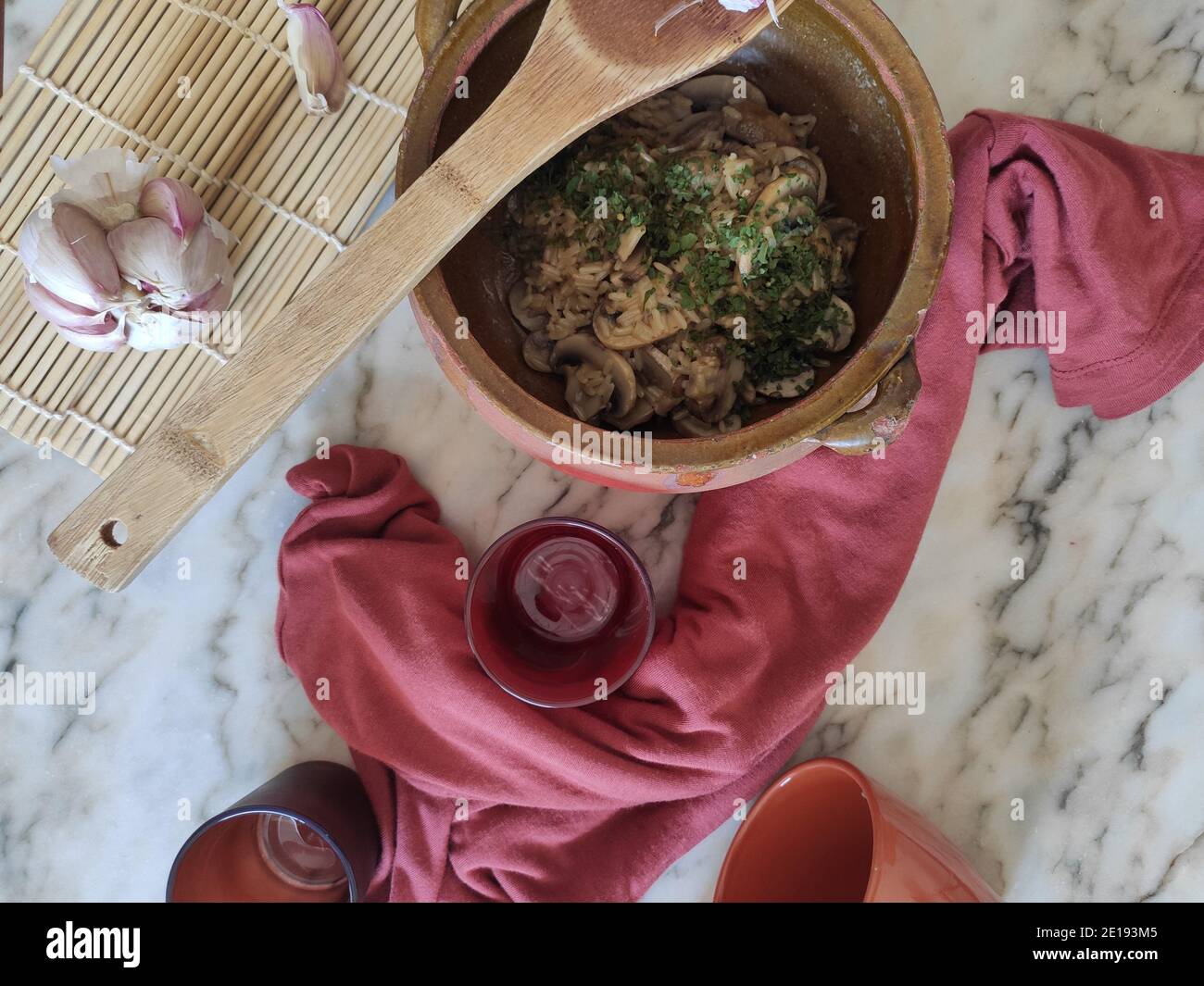 Italian lunch table setting top view Stock Photo - Alamy