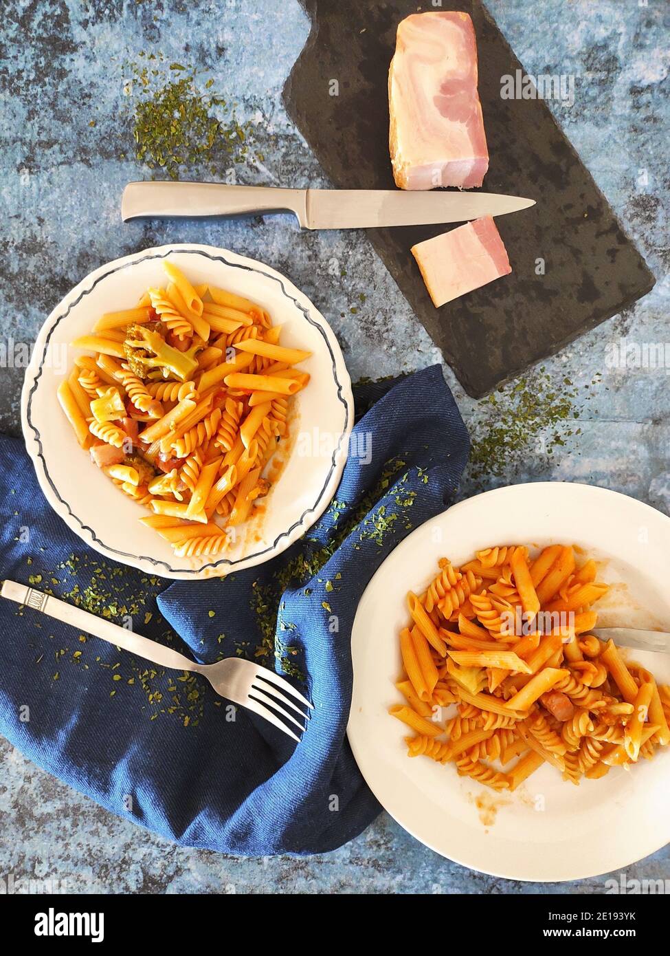 Italian lunch table setting top view Stock Photo - Alamy