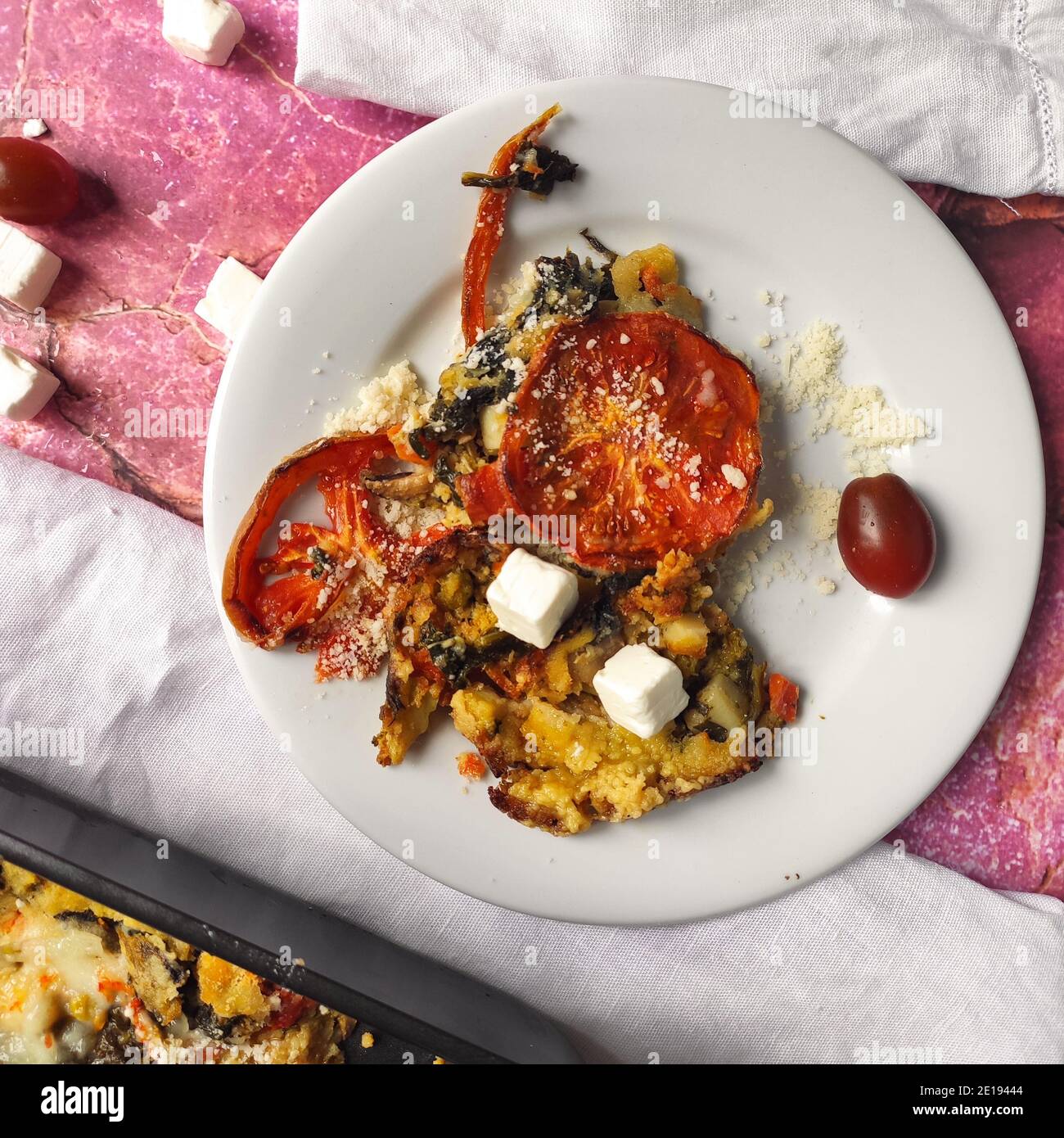 Stylish pink marble food table top view Stock Photo - Alamy
