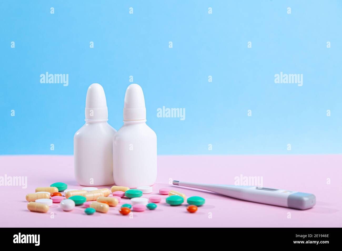 Medical medicines, spray, bottles of nose drops, syrup, vitamins ...