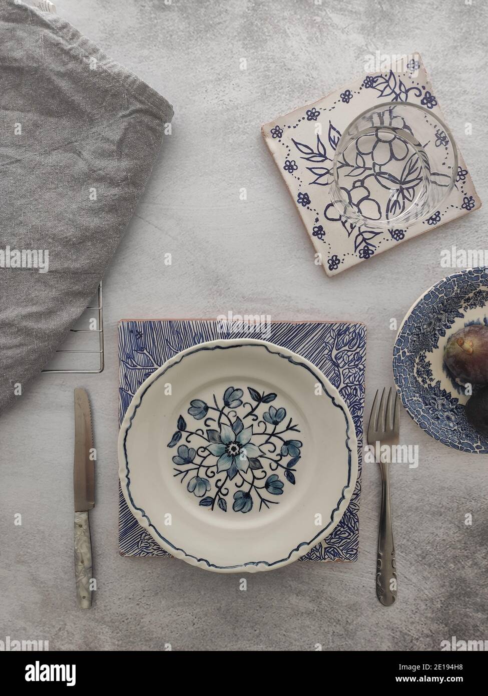 Food Table top view with white, grey and blue colors Stock Photo - Alamy