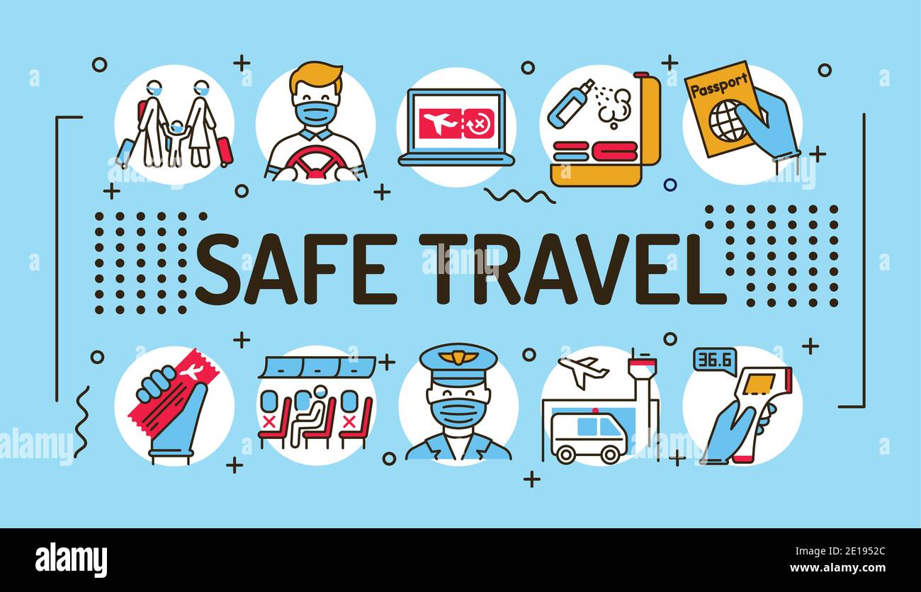 Safe travel word lettering typography. Infographics with linear icons ...