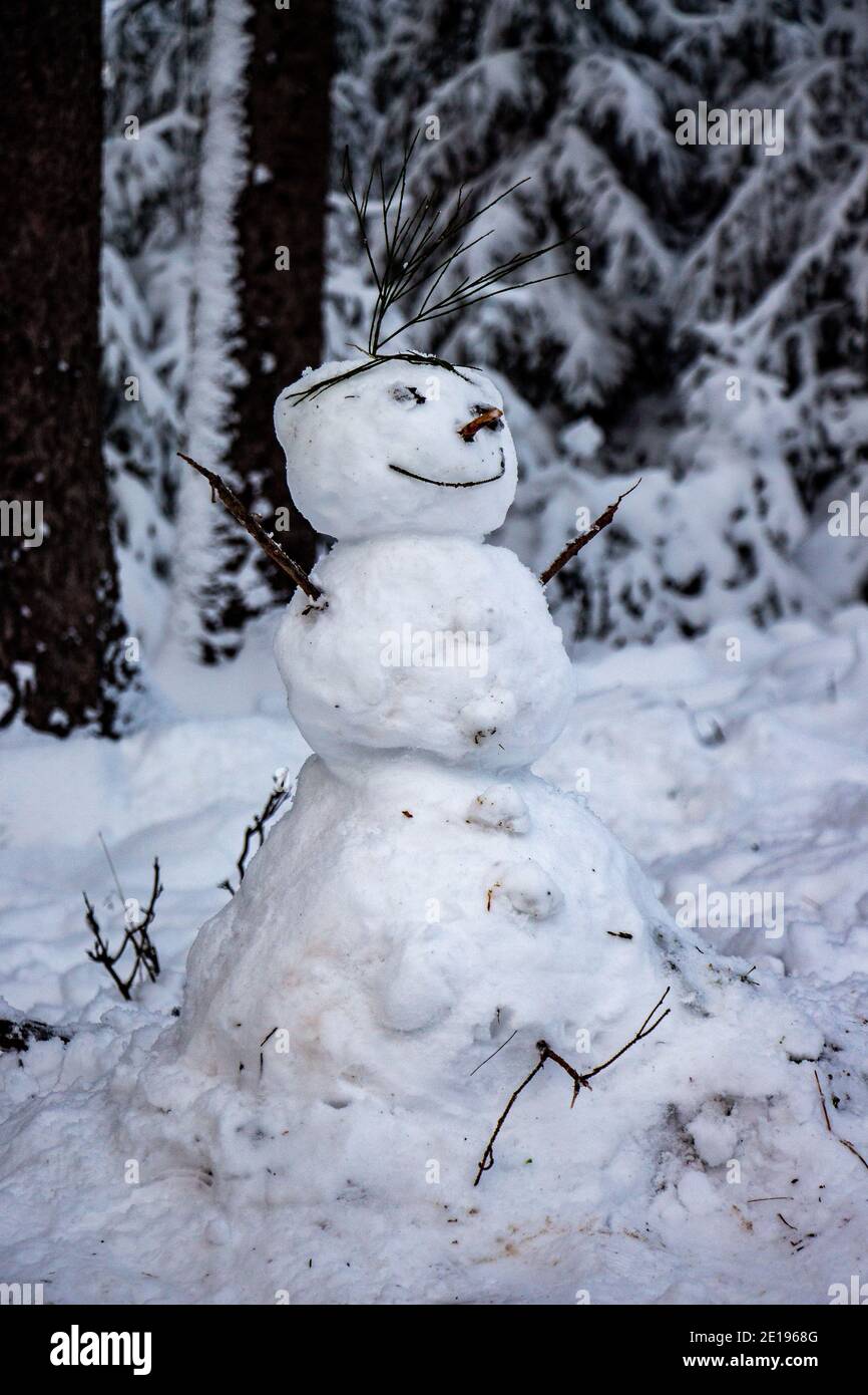 Snowman in the woods in Eifel region, near Nordschleife Nürburgring ...