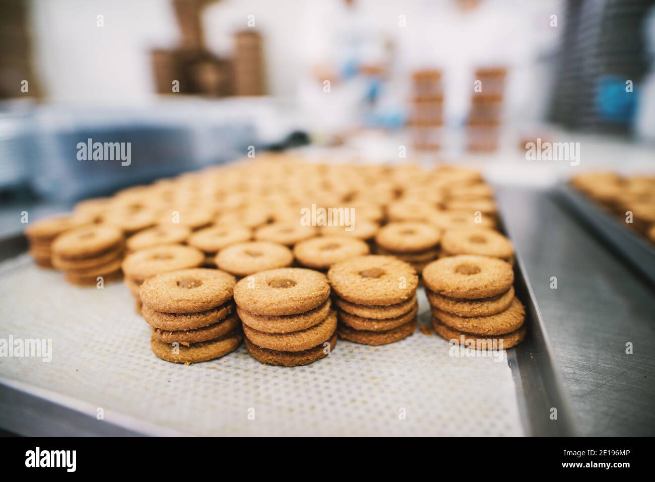 Cookie factory, food industry. Fabrication. Cookie production Stock ...