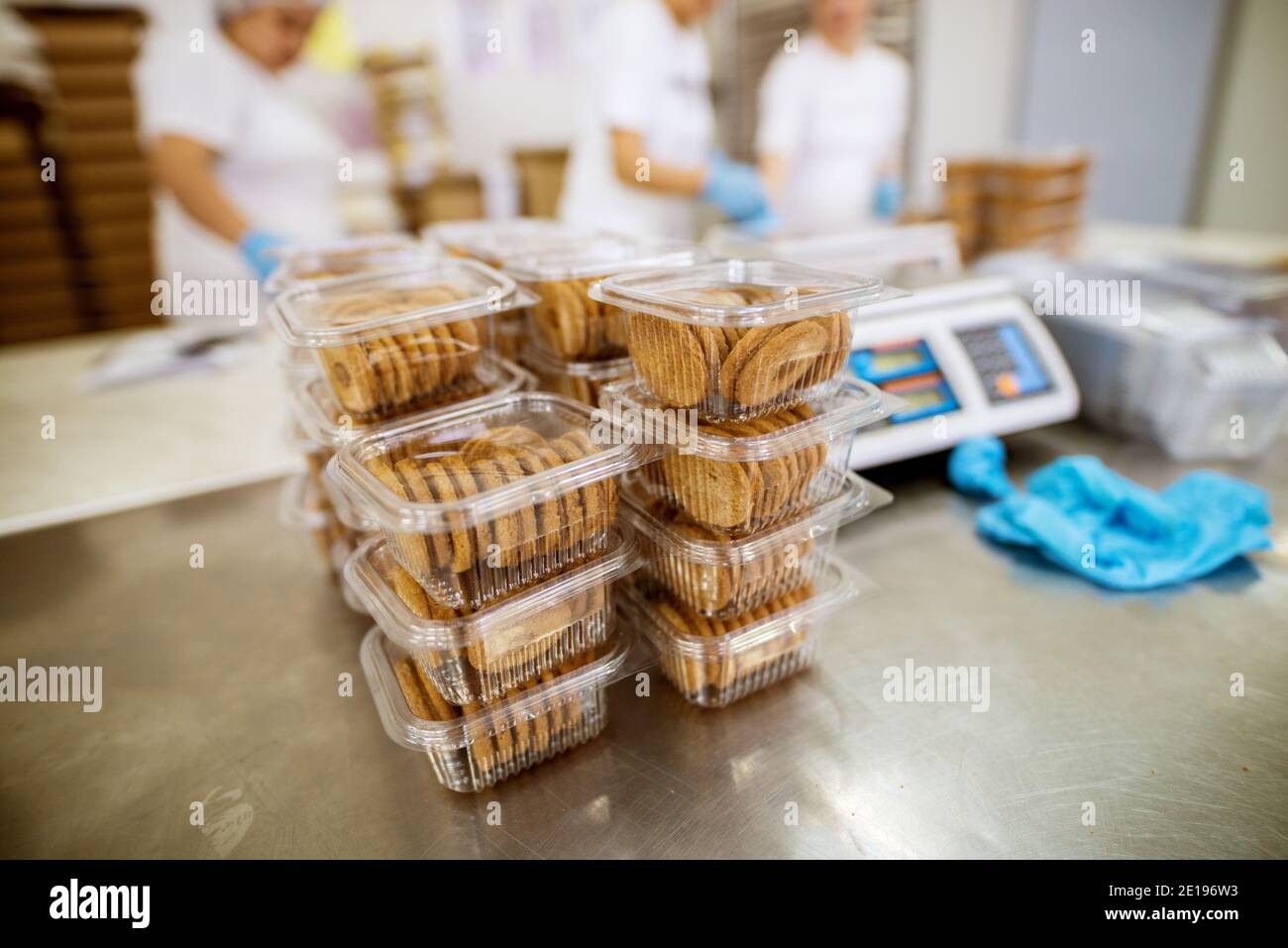 Cookie factory, food industry. Fabrication packing. Cookie production ...