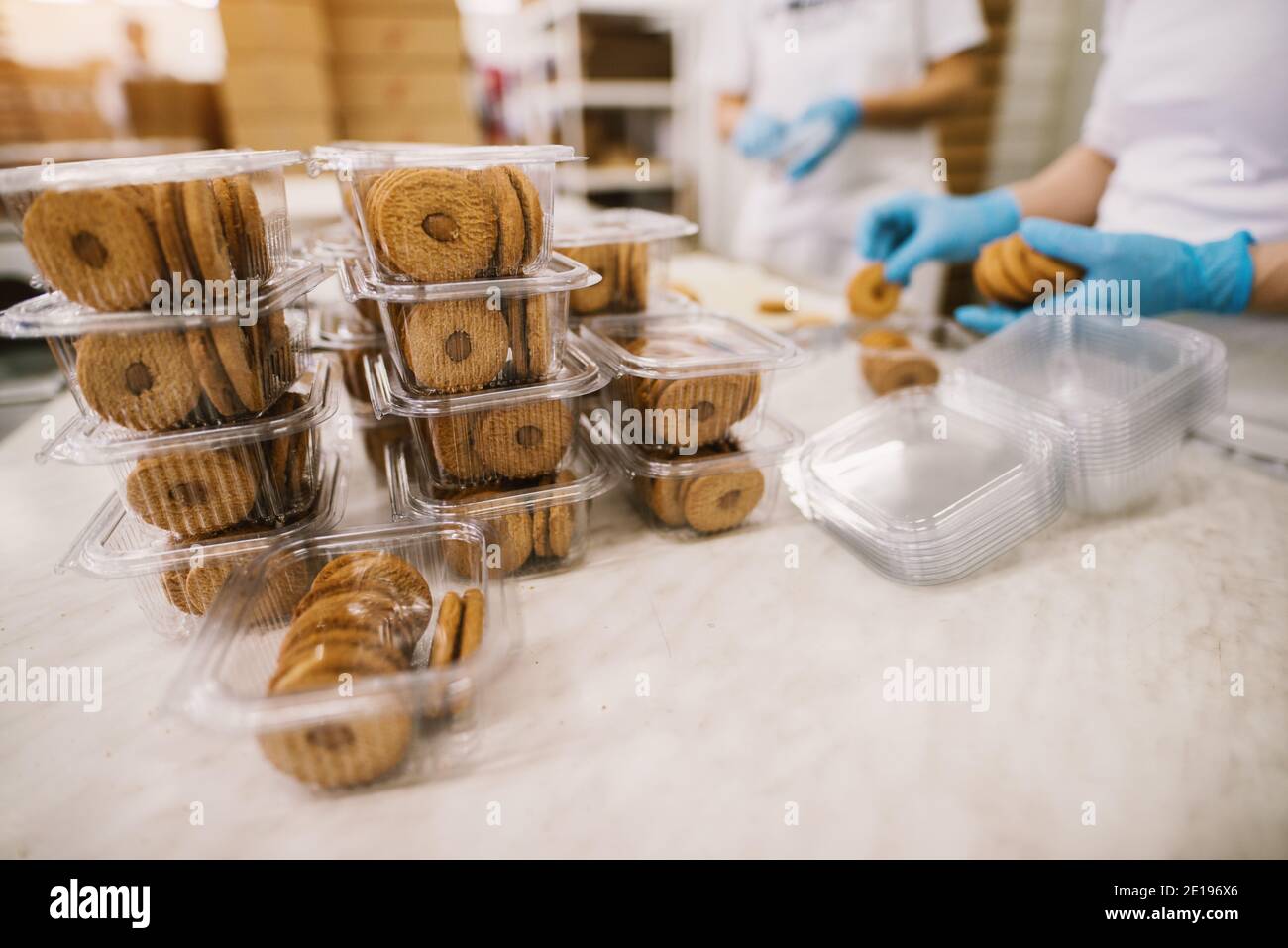 Cookie factory, food industry. Fabrication packing. Cookie production ...