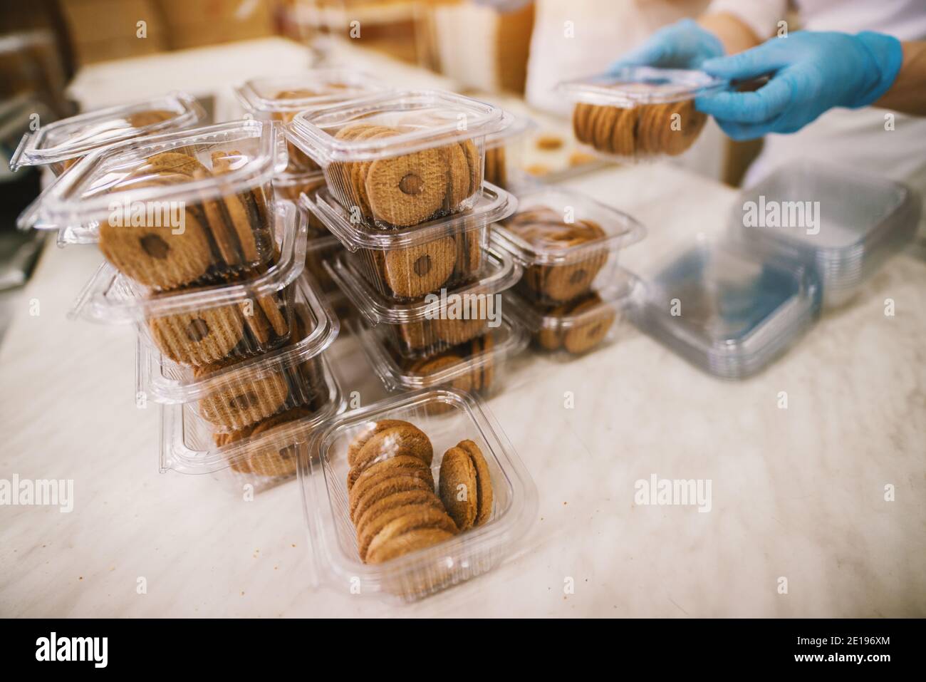 Cookie factory, food industry. Fabrication packing. Cookie production ...