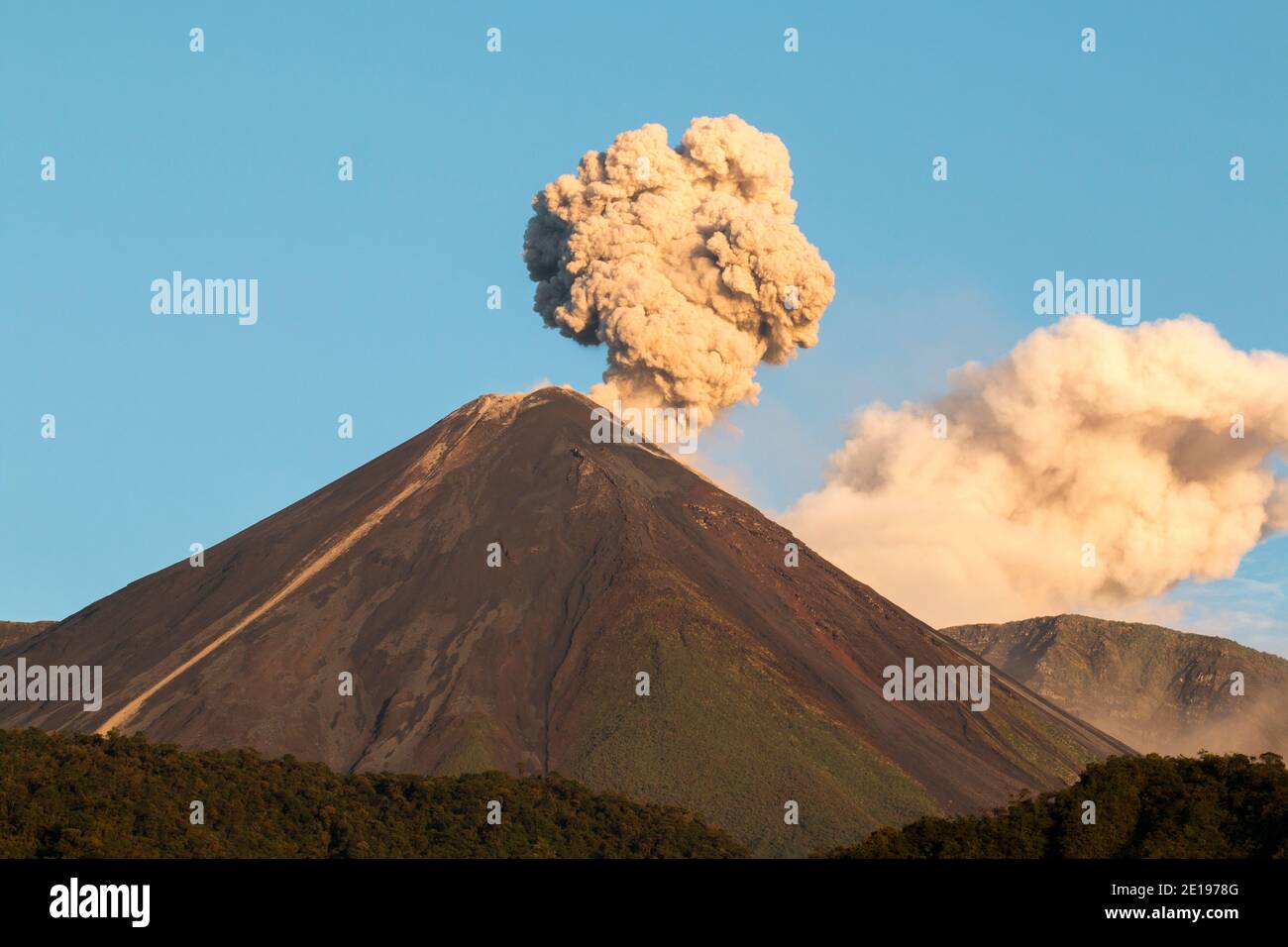 Reventador Volcano erupting at dawn, August 2016. The mountain is ...