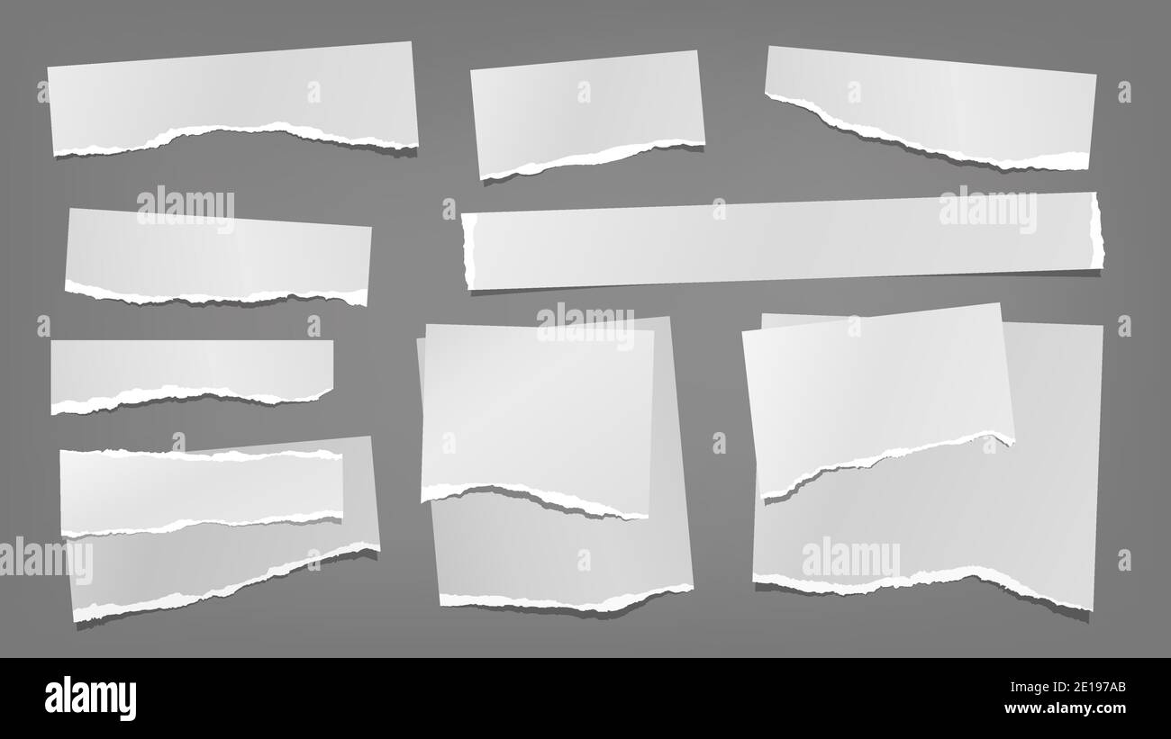 Set of torn white note, notebook paper pieces stuck on dark grey ...