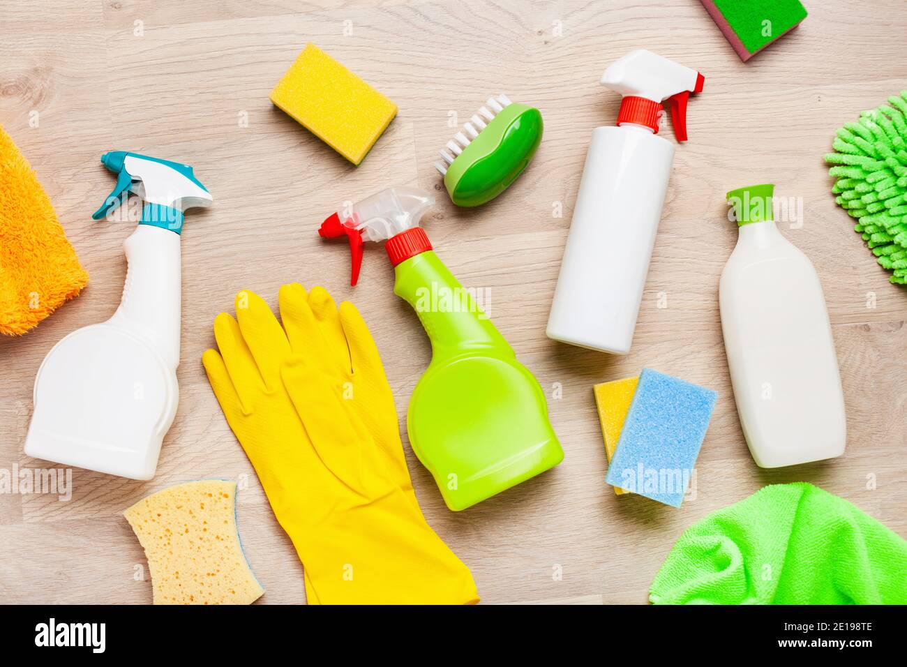 cleaning products household chemicals spray brush sponge glove Stock ...