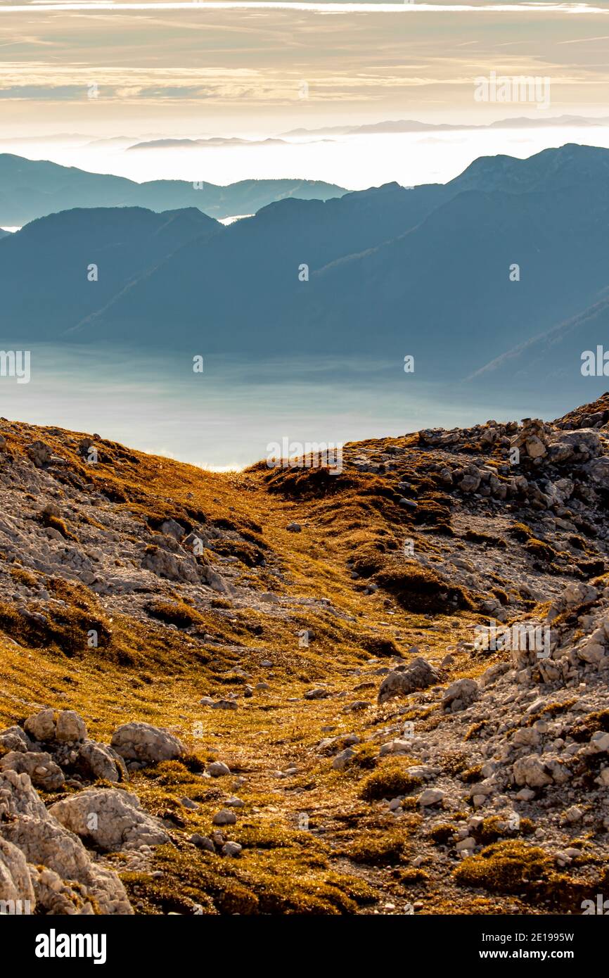 Sunlit grass and mountain trail Stock Photo - Alamy