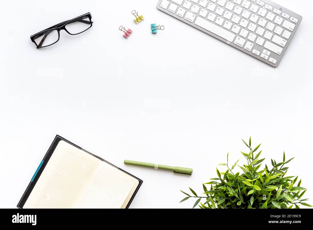 Minimalism workplace at office or home. Flat lay desktop with keyboard ...