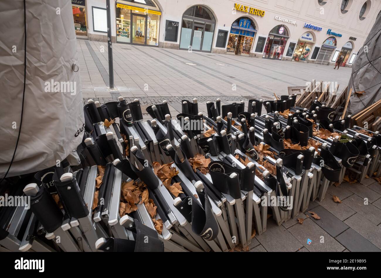 Munich, Germany. 05th Jan, 2021. Assembled chairs are lined up next to ...
