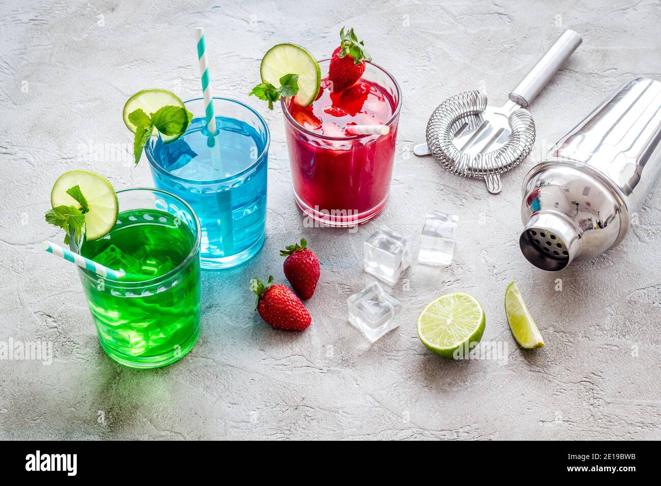Mix of cocktails cold drink with ingredients and bar tools Stock Photo ...