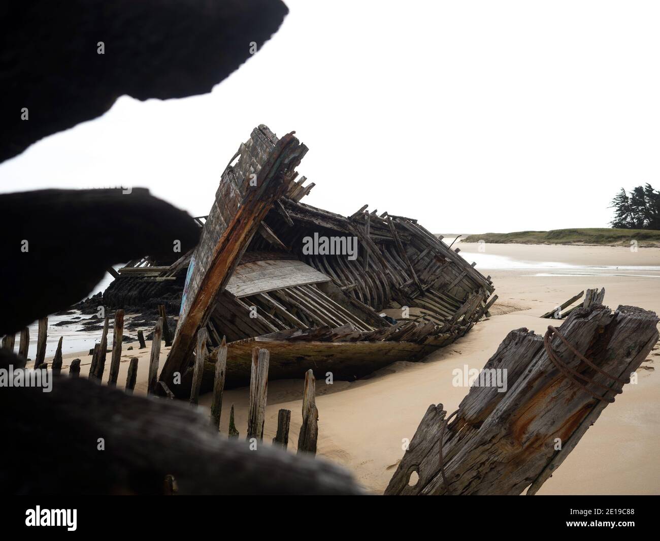 Stranded broken wooden shipwrecks on fishing boat ship naval graveyard ...