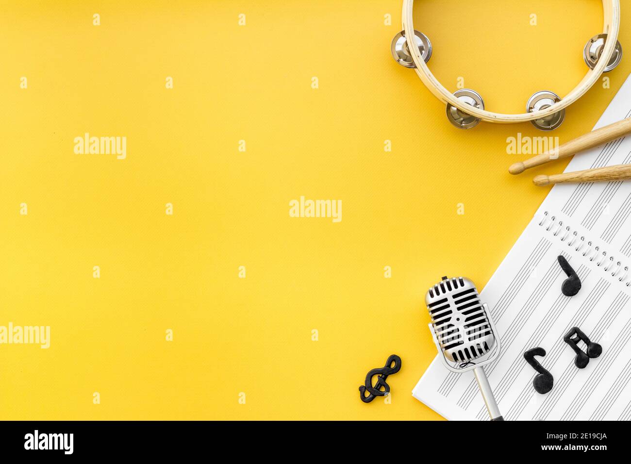 Flat lay musician concept - instrument with sheet music, top view Stock ...