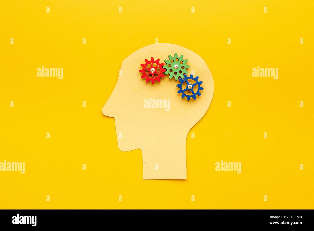 Paper head with brain of gears and cogs. Mental works concept Stock ...
