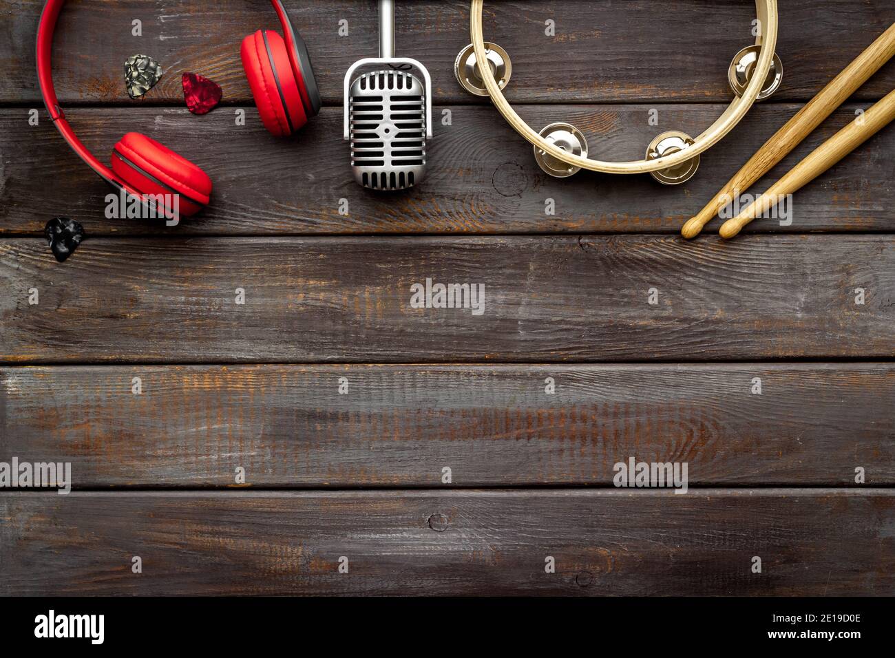 Overhead view of musical instruments on table Stock Photo - Alamy