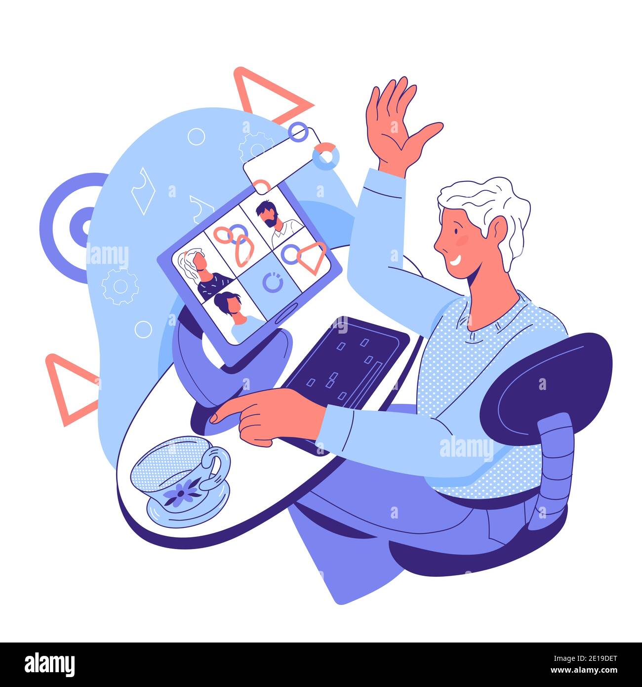 Man taking part in online conference, flat vector illustration isolated ...