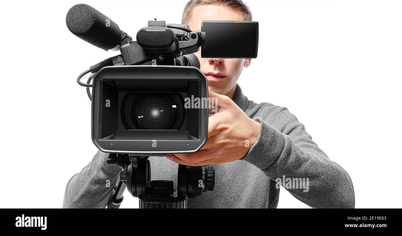Professional cameraman, isolated on white background Stock Photo - Alamy