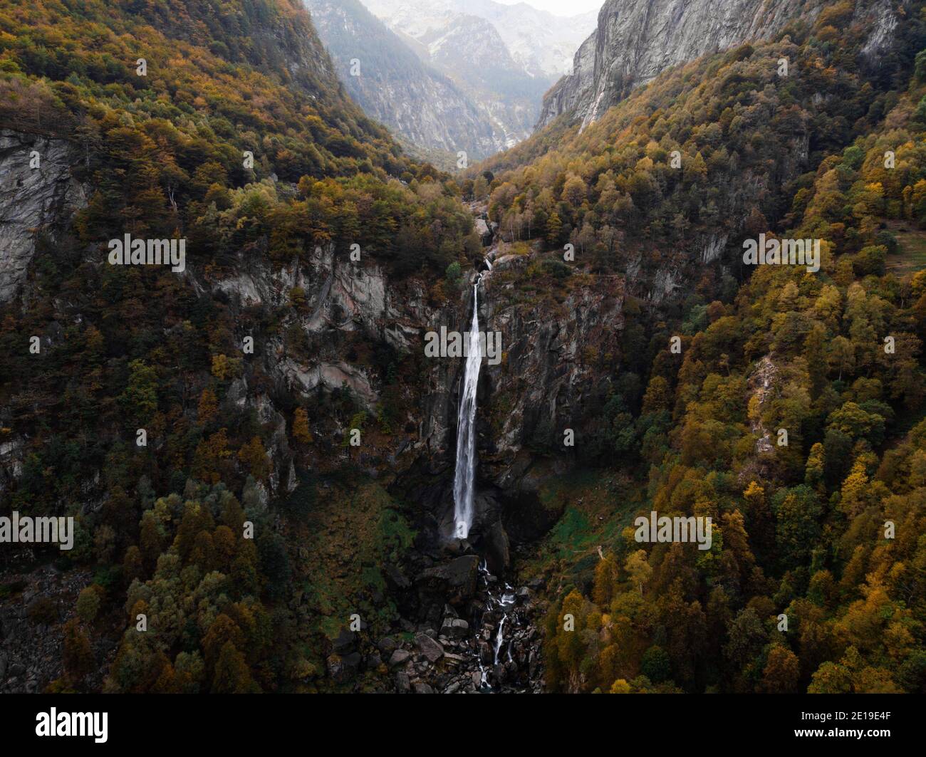 Aerial panorama of Foroglio waterfall river cliff swiss alps mountains ...