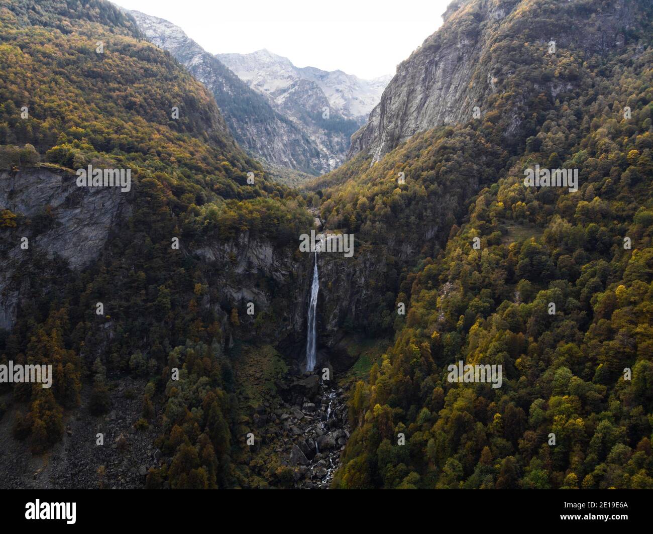 Aerial panorama of Foroglio waterfall river cliff swiss alps mountains ...