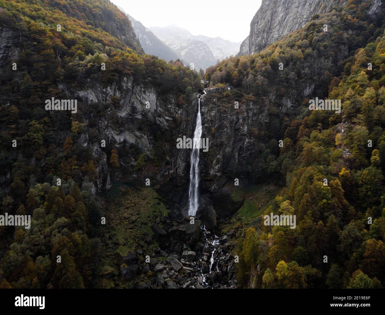 Aerial panorama of Foroglio waterfall river cliff swiss alps mountains ...