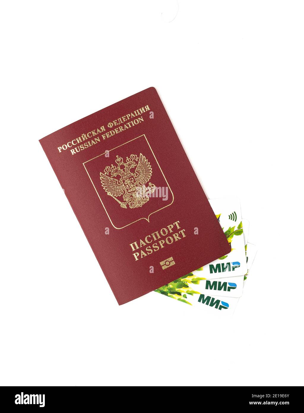 Moscow, Russia, December 31, 2020: Russian passport and credit cards of ...