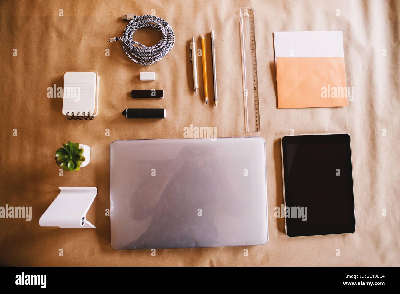 Top view of modern business and designers workspace set up on the ...