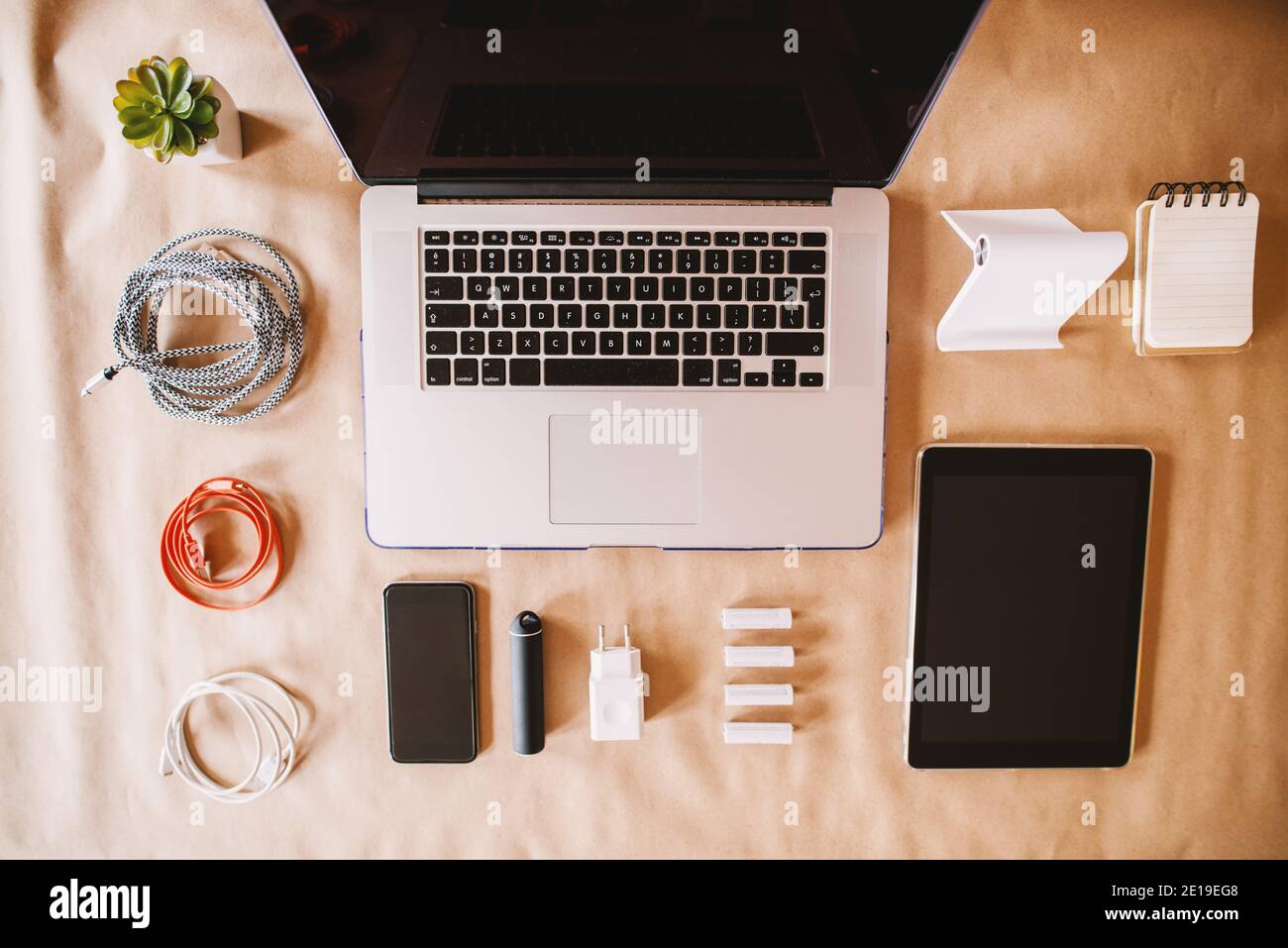 Top view of modern business and travelers workspace set up on the ...