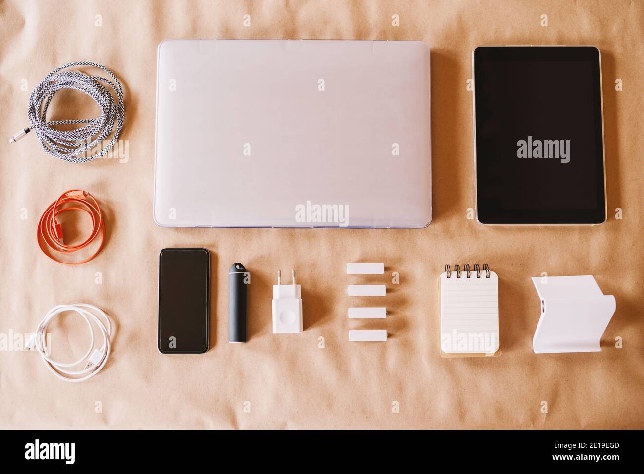 Top view of modern business and explorer workspace set up on the office ...