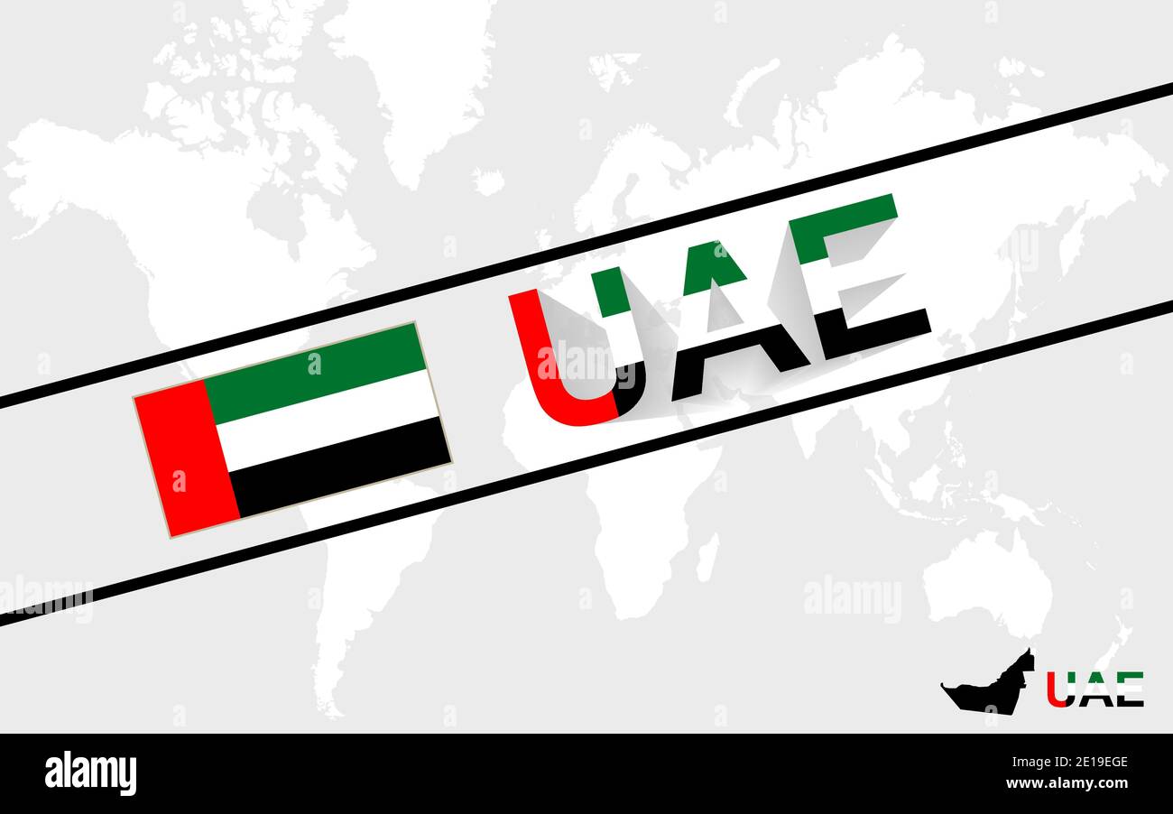 United Arab Emirates Map Flag And Text Illustration On World Map Stock