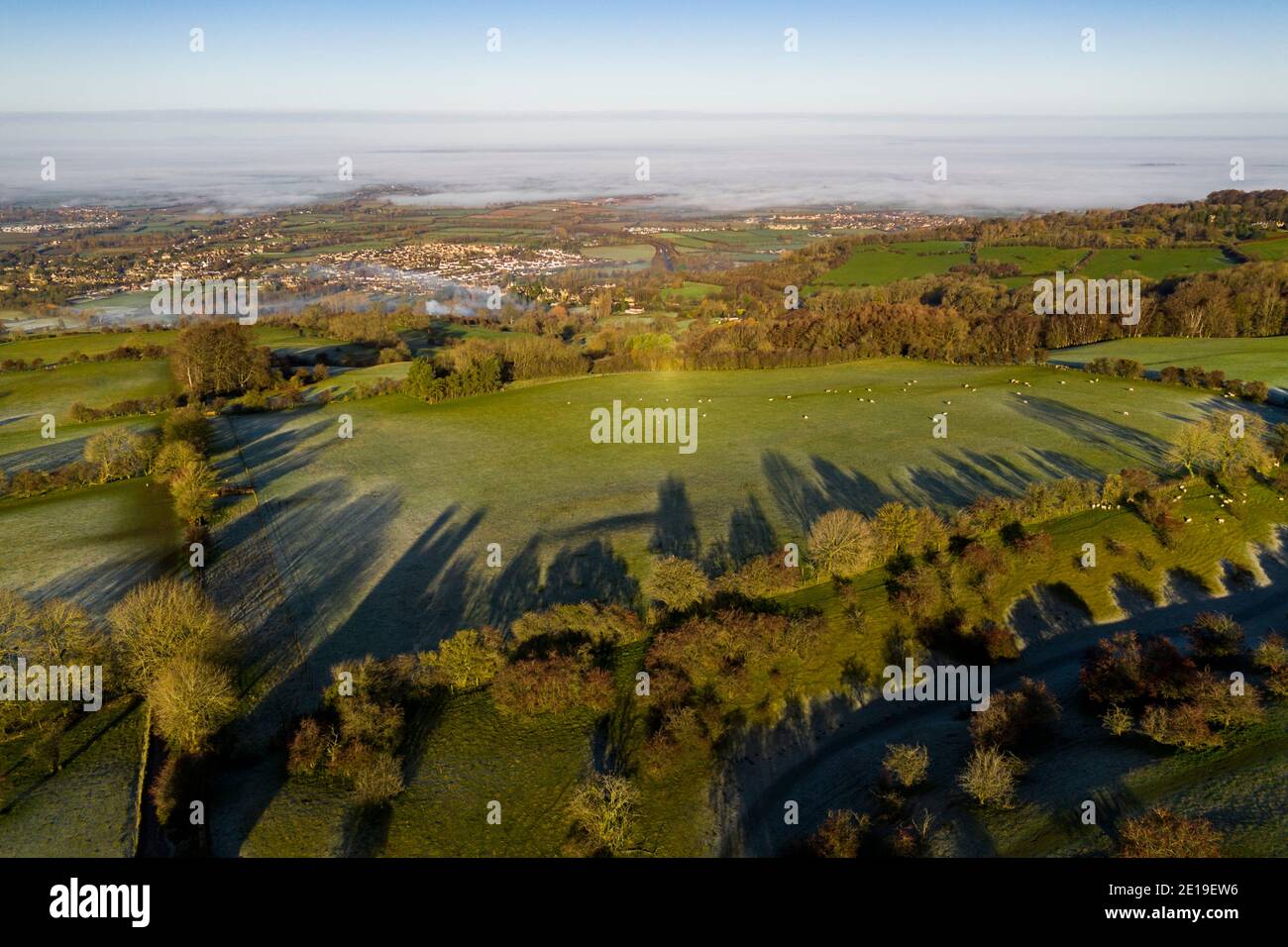 Aerial drone photo of The Cotswolds Hills with Broadway in the valley ...
