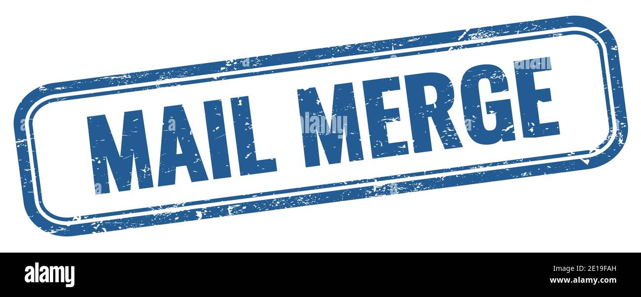MAIL MERGE text on blue grungy vintage rectangle stamp Stock Photo - Alamy