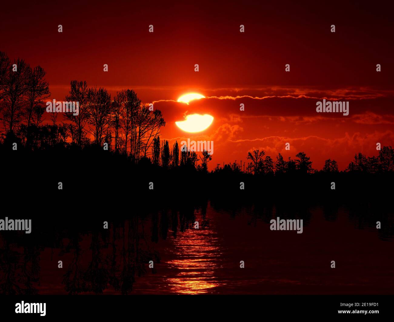 Image of a bloody sunset over a lake surrounded by black trees ...