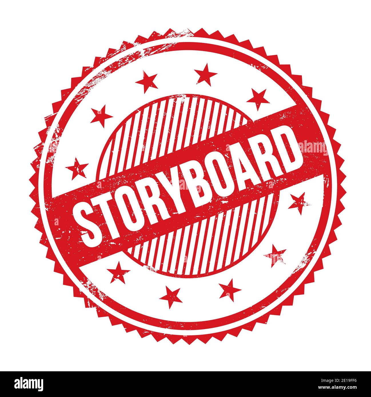 STORYBOARD text written on red grungy zig zag borders round stamp Stock ...