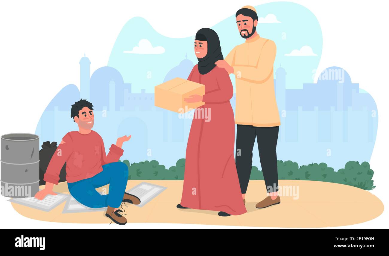 Arabian couple help homeless person 2D vector web banner, poster Stock ...