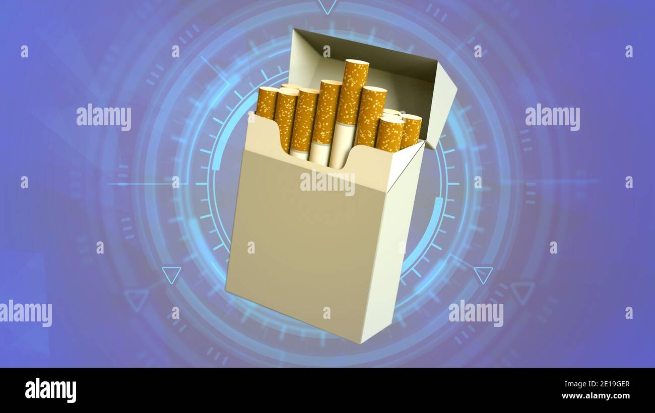 Cigarette box on cyber background - harm of nicotine concept, 3D ...