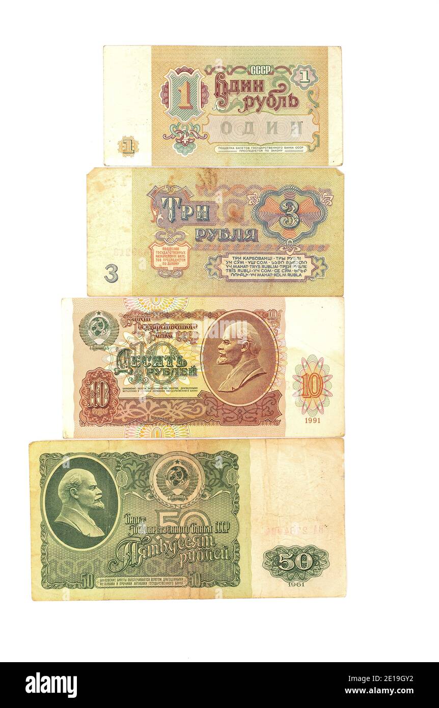 Set of several old Soviet rubles isolated on white background. Close up ...