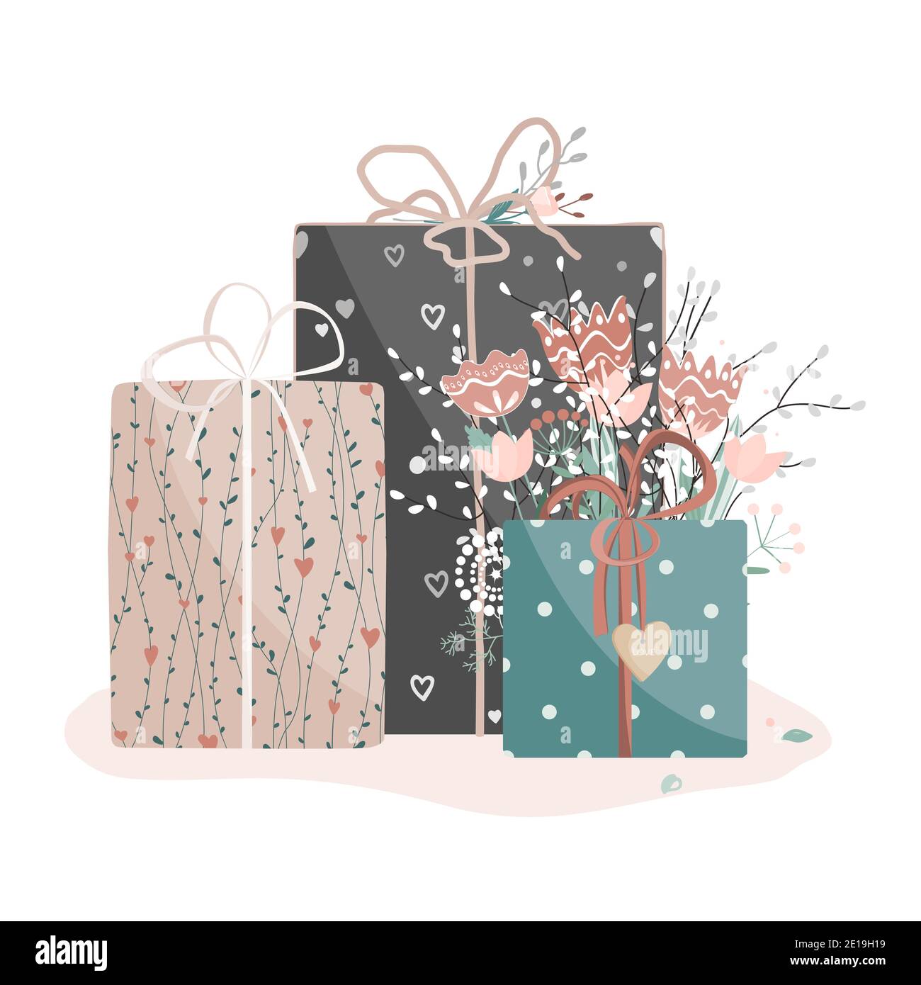 Valentine day gift boxes set with flowers. Wrapped packages decorated ...