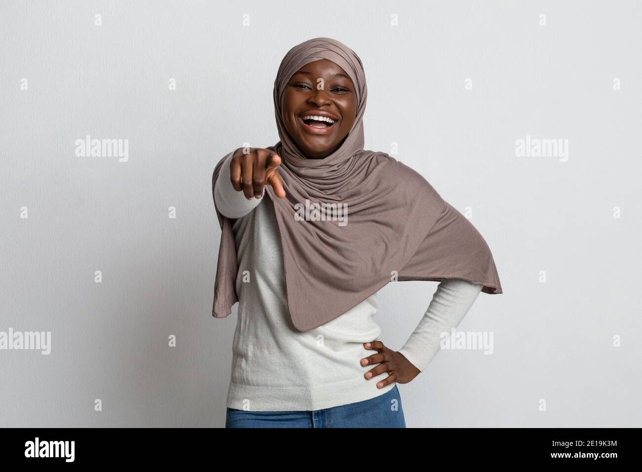 Gotcha. Black Muslim Woman In Hijab Pointing Finger At Camera And ...