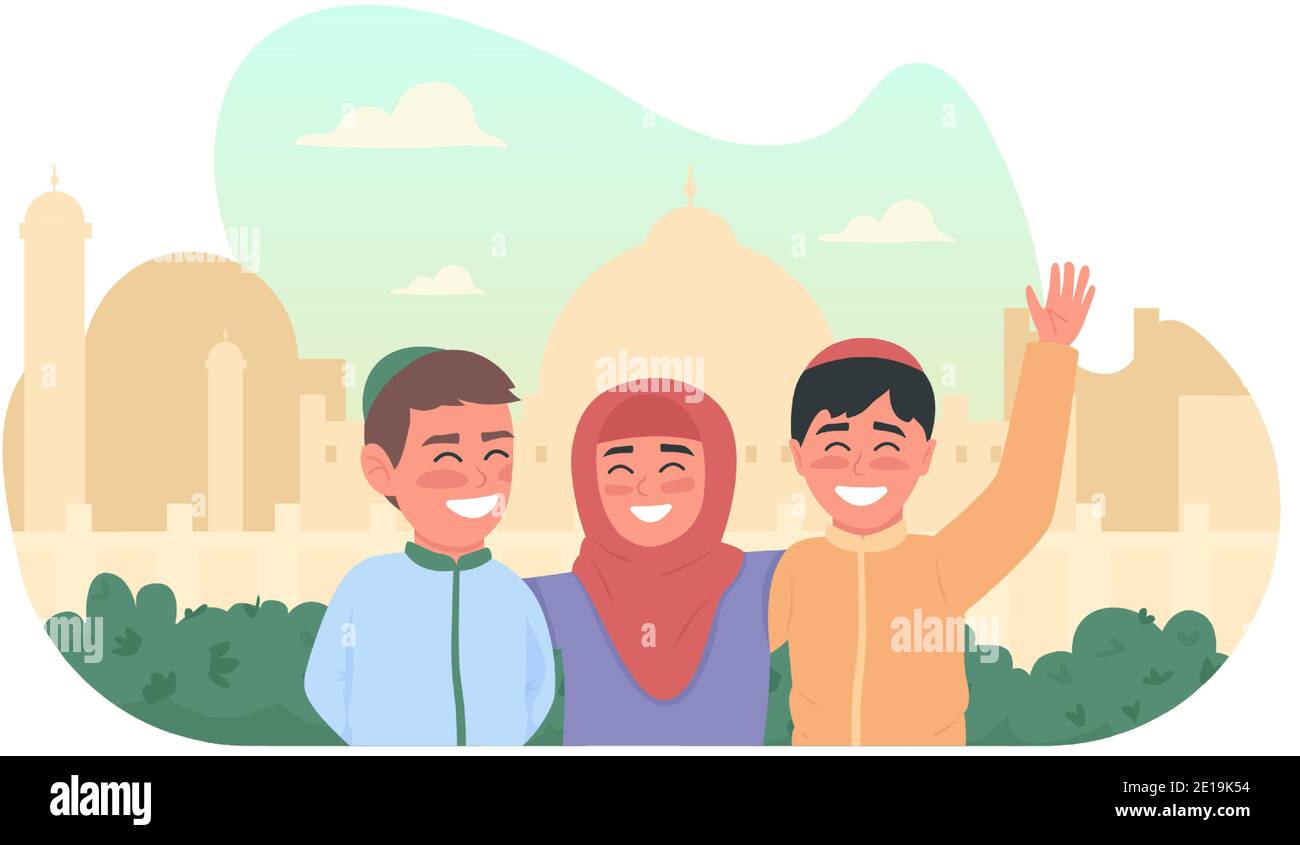 Happy muslim children 2D vector web banner, poster Stock Vector Image ...