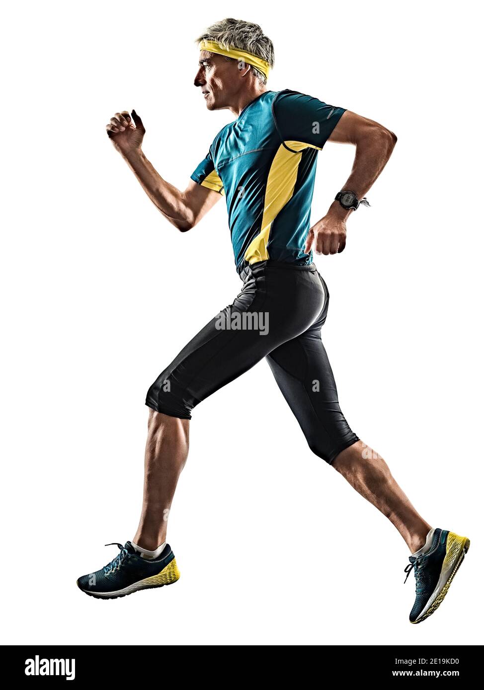 one caucasian senior man running runner jogger jogging in studio shadow ...